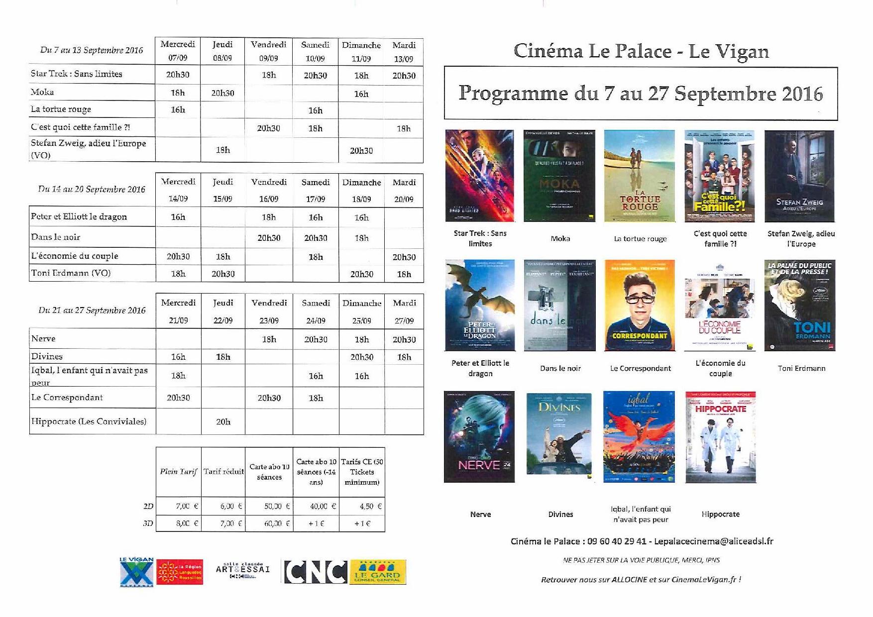Programme du Cinéma du 7 au 27 Septembre 2016